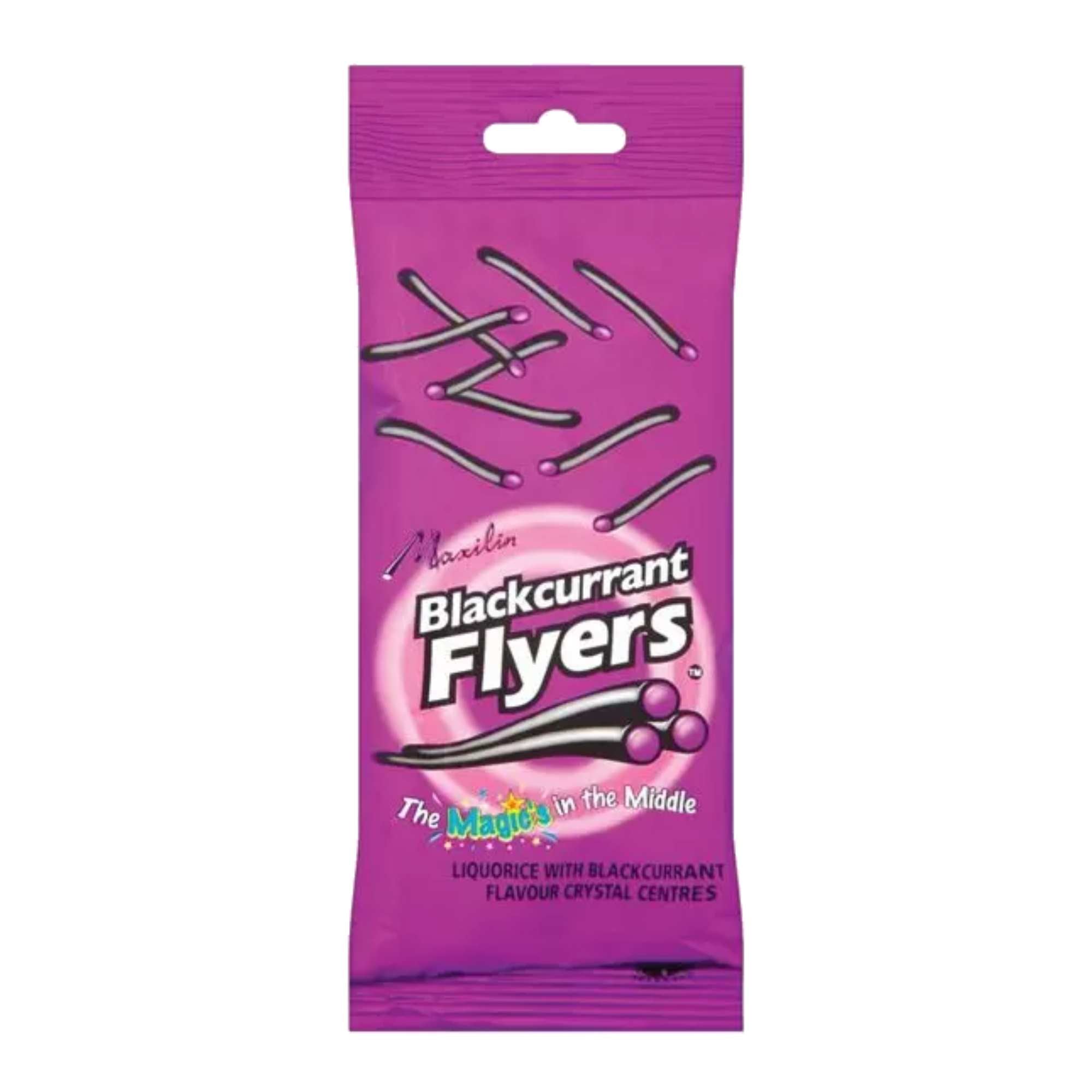 Maxilin BlackCurrant Flyers – Liquorice Tubes With Fruity Sherbet Crys